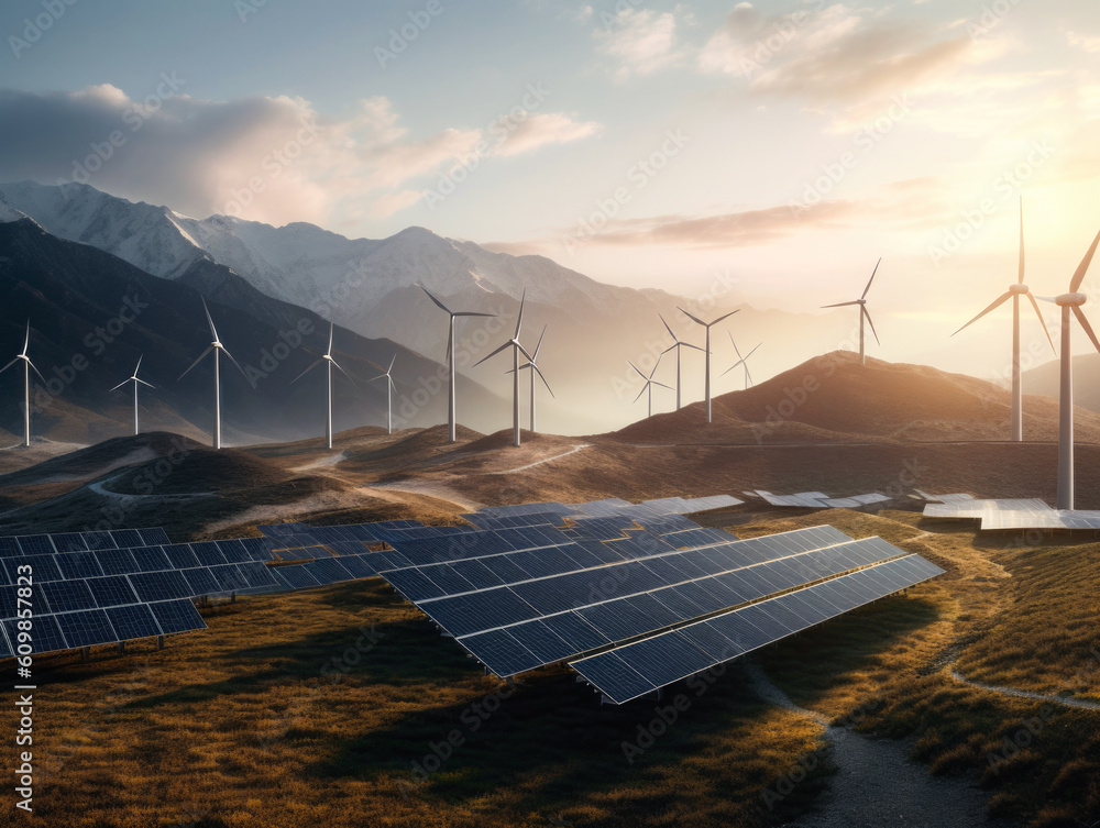 Wind power plant and technology. Smart grid. Renewable energy. Sustainable resources. Stock ...