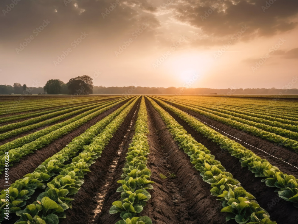 Poster, Foto Agriculture - Aerial image, close-up on soybean lines in ...