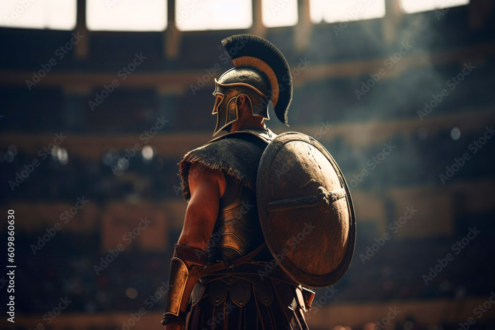 Ancient Roman gladiator enters the arena of the Colosseum, against the ...