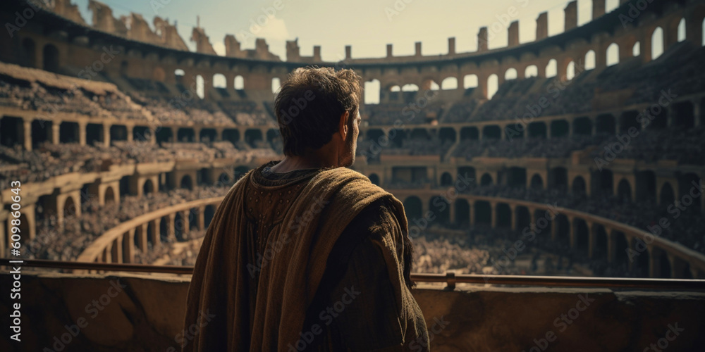 Roman emperor in the Colosseum waiting for battle, rear view, generated ...