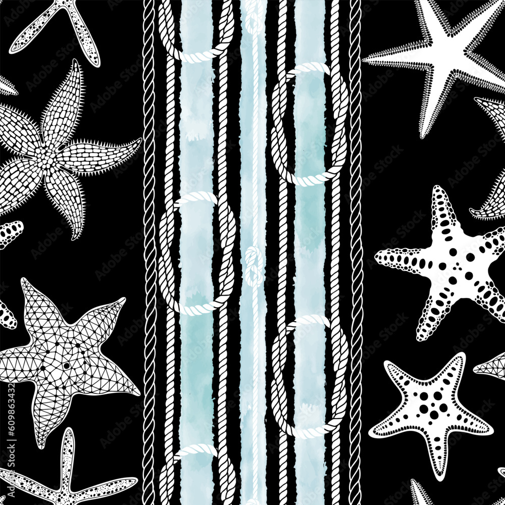 Sea background with starfish, ropes, nautical knots and blue watercolor ...