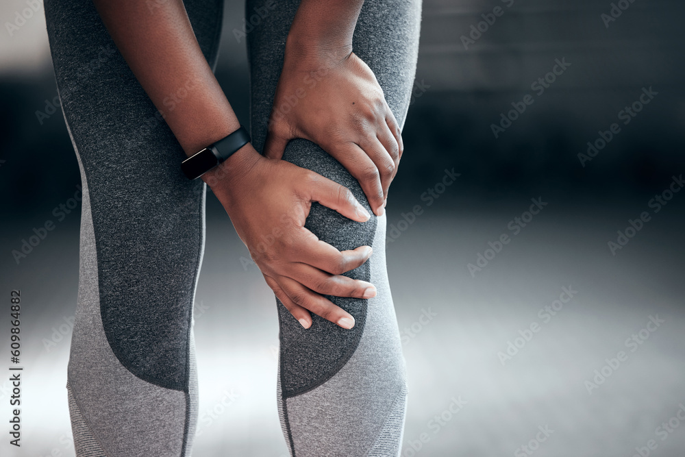 Fitness, workout and closeup of woman with knee pain, injury or ...