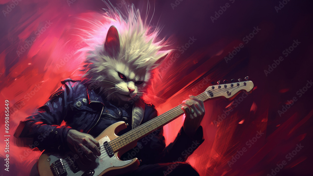 Hard rock metal guitarist cat with unruly long fur hair and cool ...