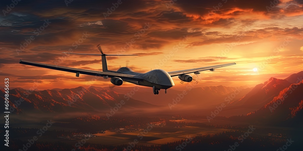 Unmanned military drone on patrol air territory at high altitude at ...