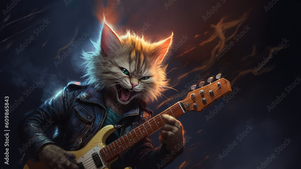 Hard rock metal guitarist cat with unruly long fur hair and cool ...
