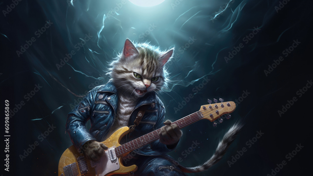 Hard rock metal guitarist cat with unruly long fur hair and cool ...
