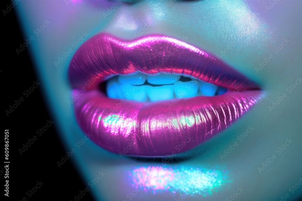 Ultra close - up view of beautiful female lips in cyberpunk style, ai ...