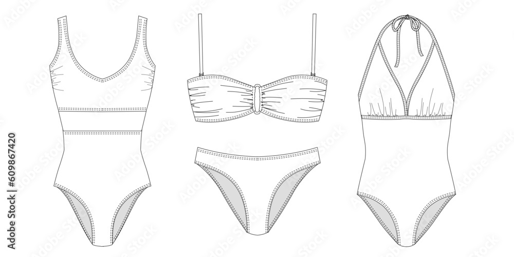 Woman sustainable swimwear, technical drawing, template, sketch, flat ...