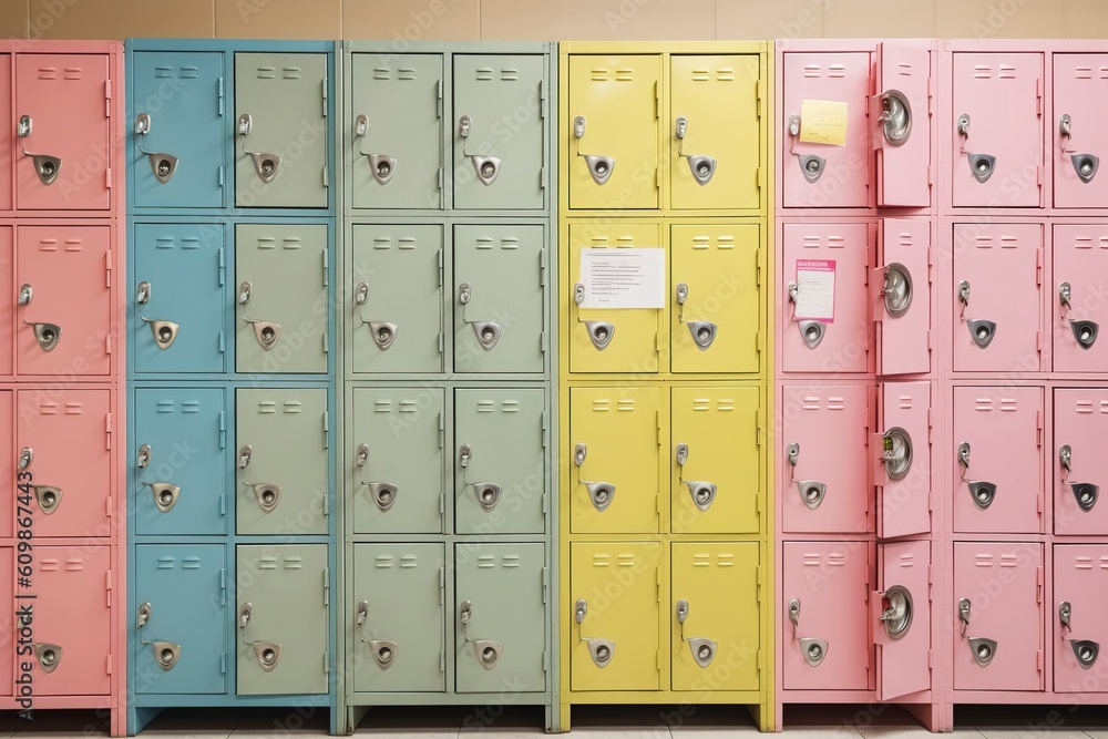 School lockers of various colors, front view. Ai generated. Stock ...