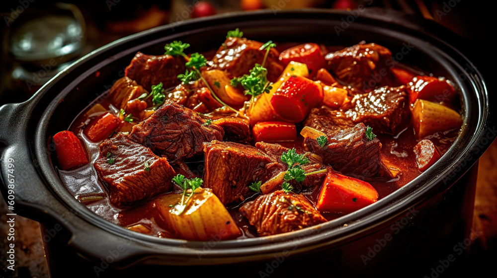 Beef Stew in a slow-cooker, ready to serve. Generative AI Stock Photo ...