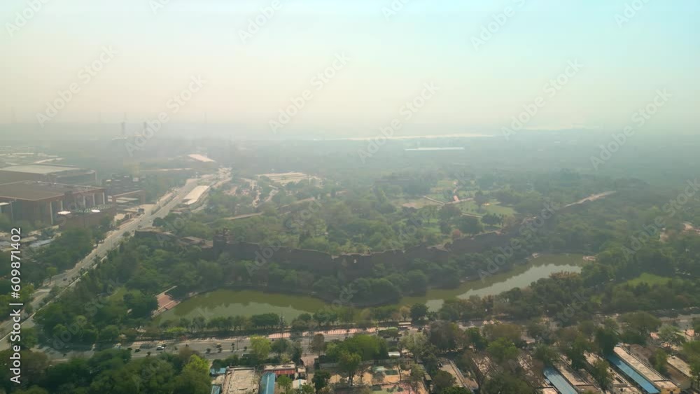 Delhi: Aerial view of capital city of India, famous landmark Purana ...