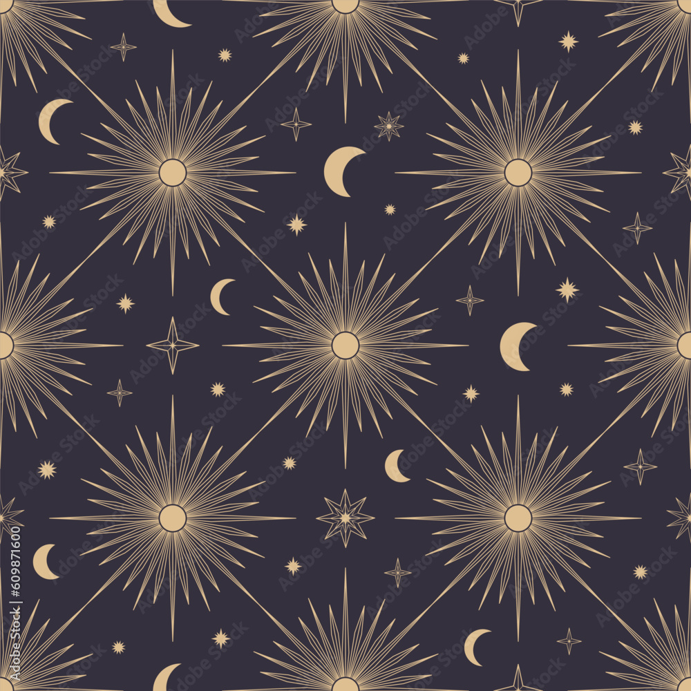 Hand drawn seamless pattern of Sun, Moon, sunburst, stars. Mystical ...
