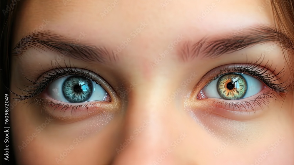 Fotka „Close up woman face with different blue green eyes colors ...