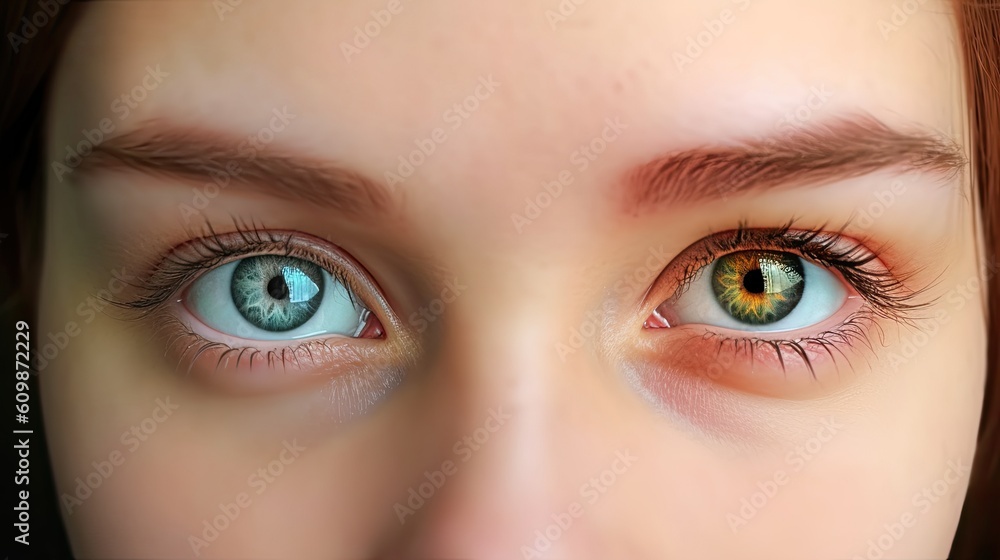 Close up woman face with different blue green eyes colors, complete ...