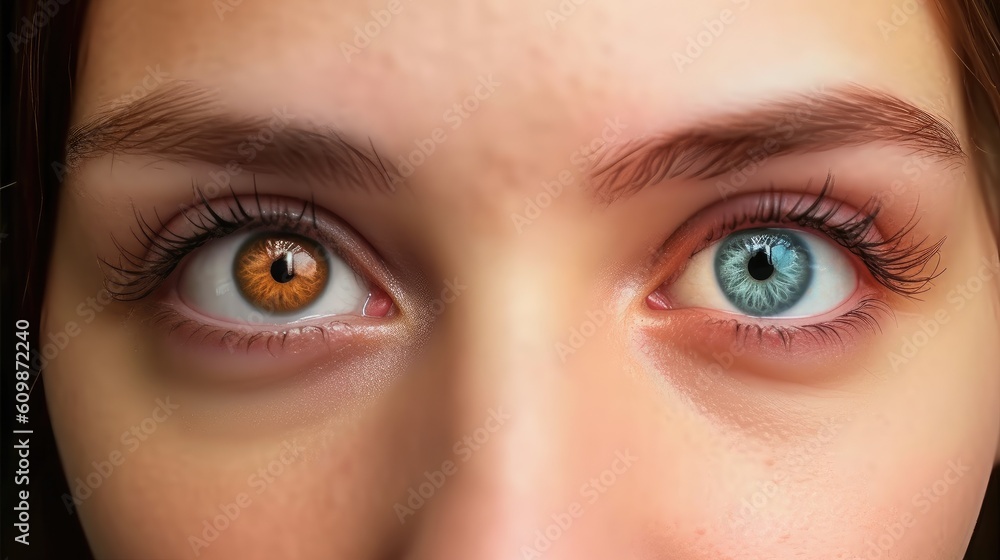 Close up woman face with different blue brown eyes colors, complete ...