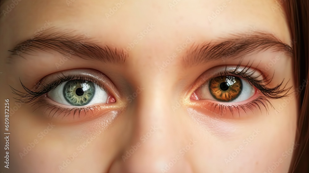 Close up woman face with different brown green eyes colors, complete ...