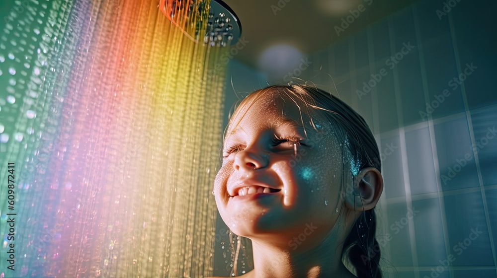 Happy little girl taking shower in bathroom colorful sunlight bokeh ...