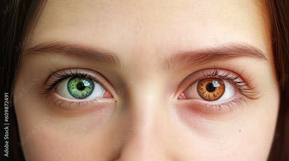 Close up woman face with different brown green eyes colors, complete ...