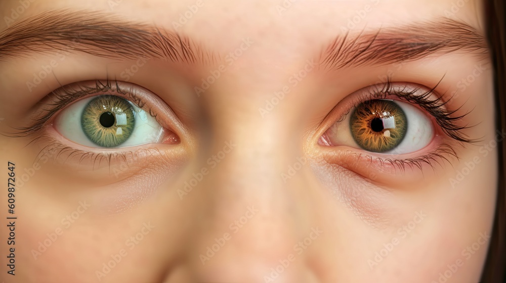 Close up woman face with different brown green eyes colors, complete ...