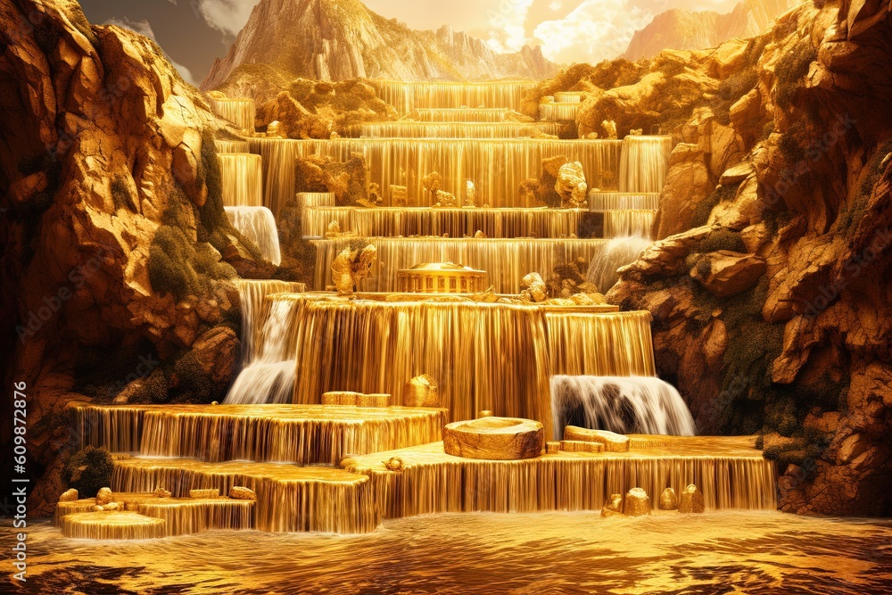 A digital artwork showcasing a cascading waterfall of golden liquid ...