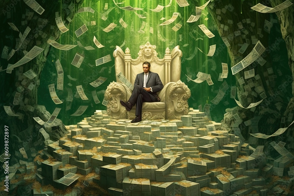 A surreal scene featuring a person sitting on a throne made of money ...