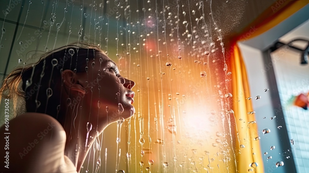 Woman taking shower in bathroom colorful sunlight bokeh background, close up relaxing girl ...