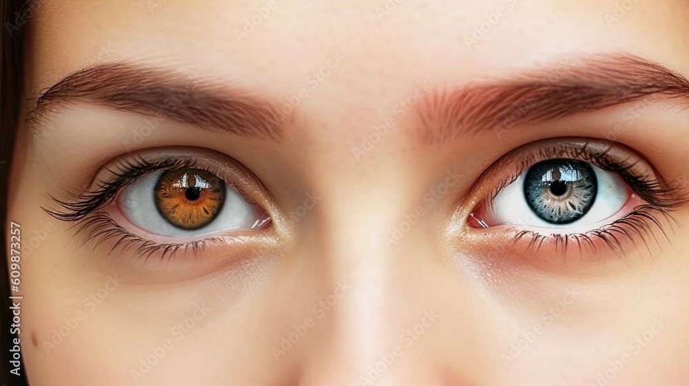 Close up woman face with different blue brown eyes colors, complete ...