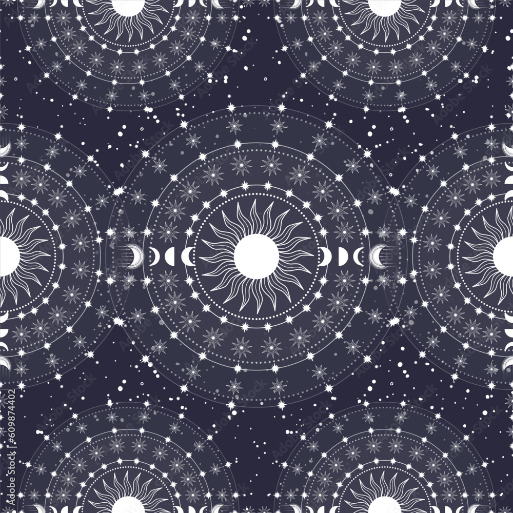 Hand drawn seamless pattern of Sun, Moon, stars. Mystical celestial ...