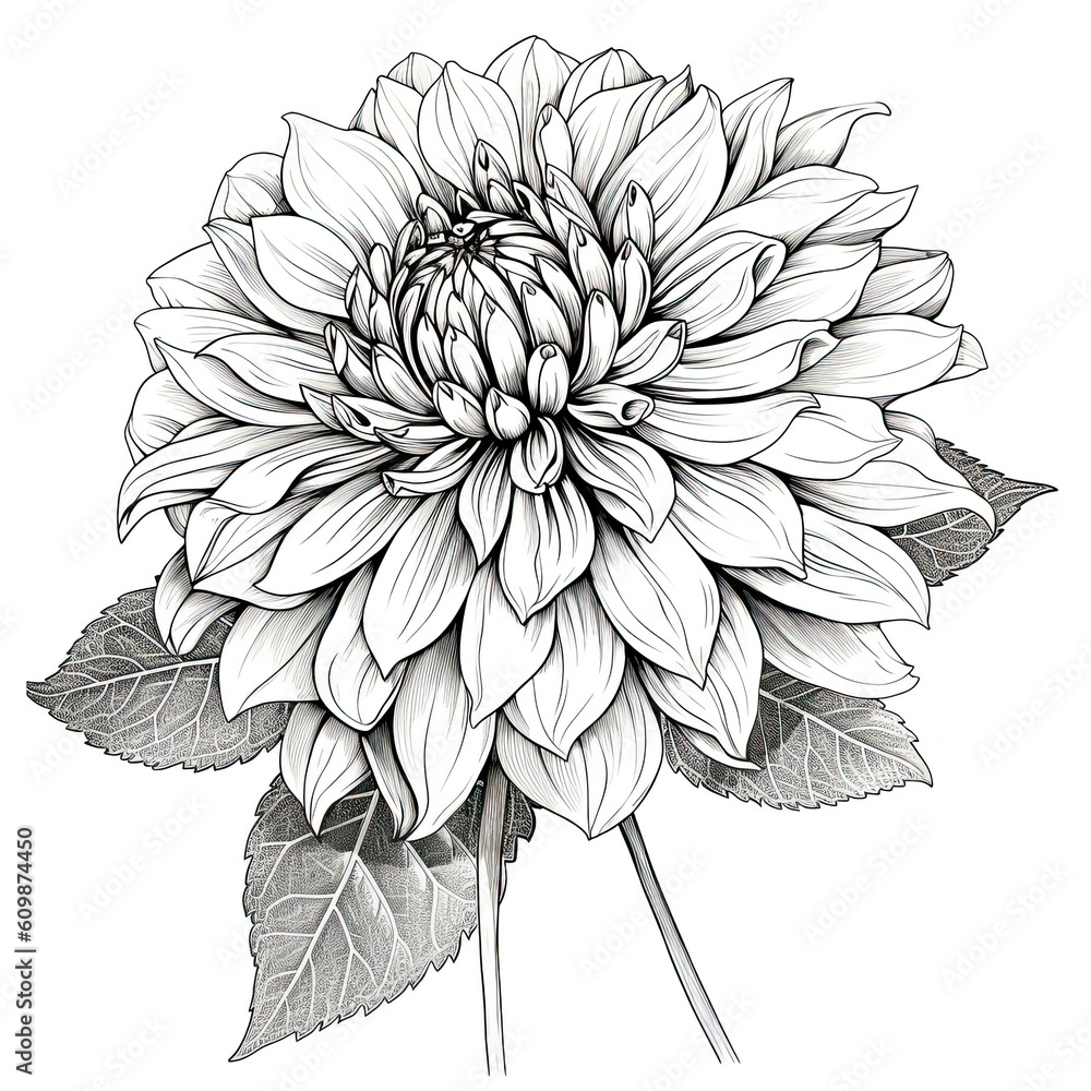 Black and white dahlia flower drawing illustration with line art on ...