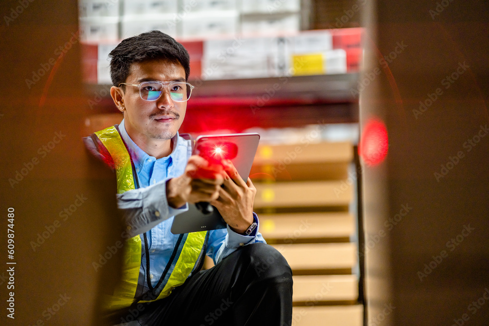 Warehouse workers use scanner checking and scan the barcode of stock ...