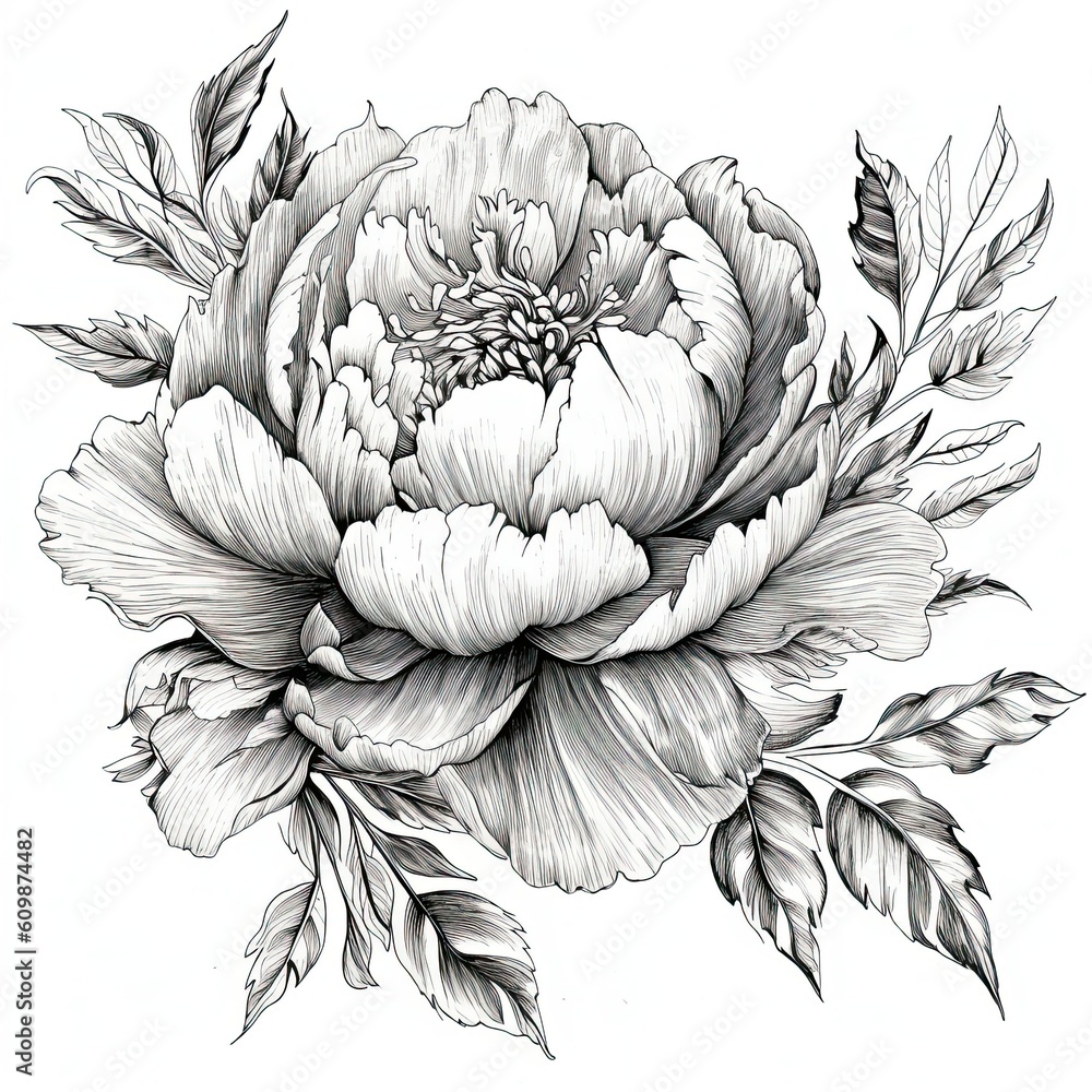Black and white peony flower drawing illustration with line art on ...