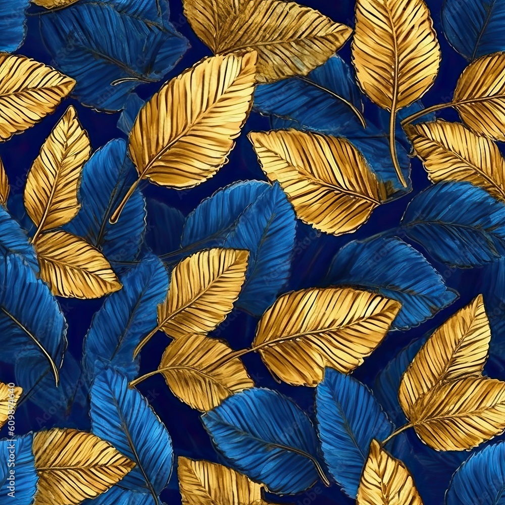Gold and navy blue leaves, seamless foliage pattern. Generative AI ...