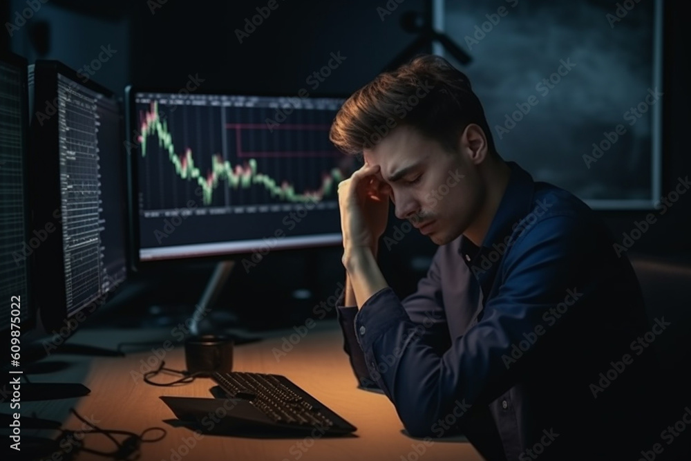 Worried businessman in front of the computer screen inside a modern ...