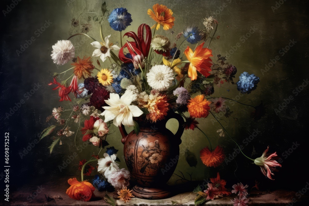 Flower Still Life Bouquet in Vintage Vase, Ancient Dutch Masters ...