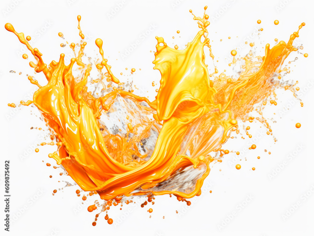 Falling orange fruit become an orange juice meets water in a splash ...