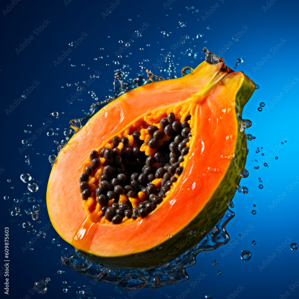 Falling cutted papaya fruit meets water in a splash, blue background ...