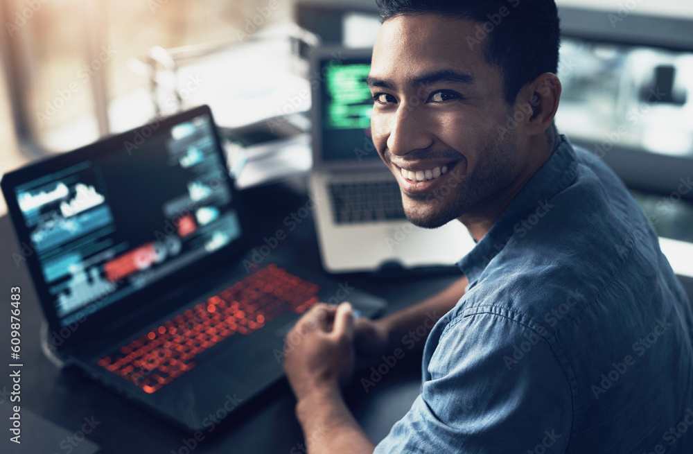 Portrait, man and smile of programmer on computer in office workplace at night. IT, face and ...