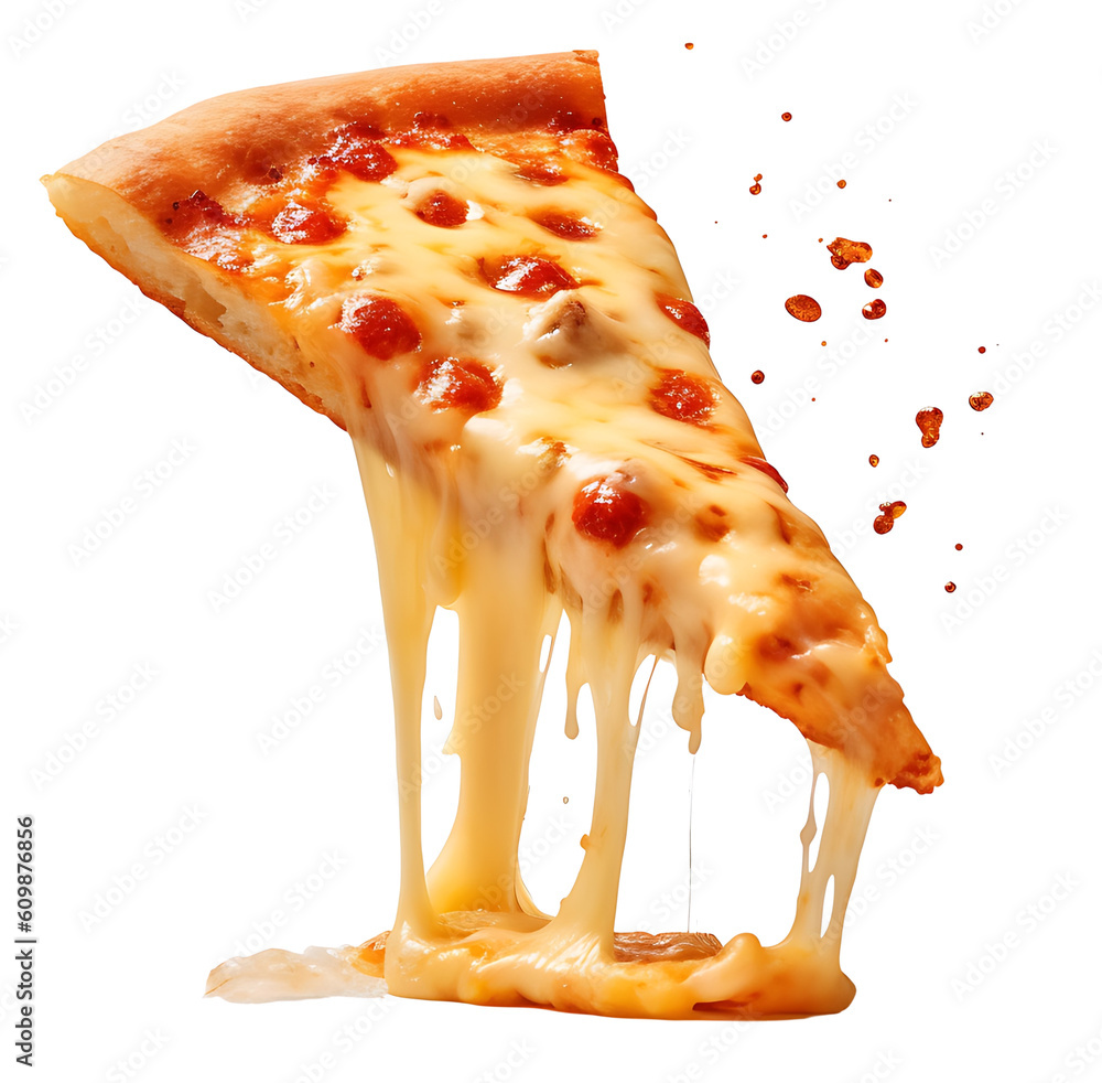 A slice of hot pizza with stretchy cheese. Isolated on a transparent ...