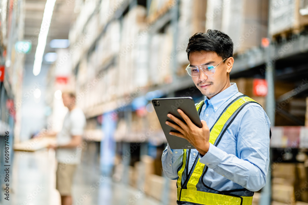 Warehouse Worker using digital tablets to check the stock inventory in ...