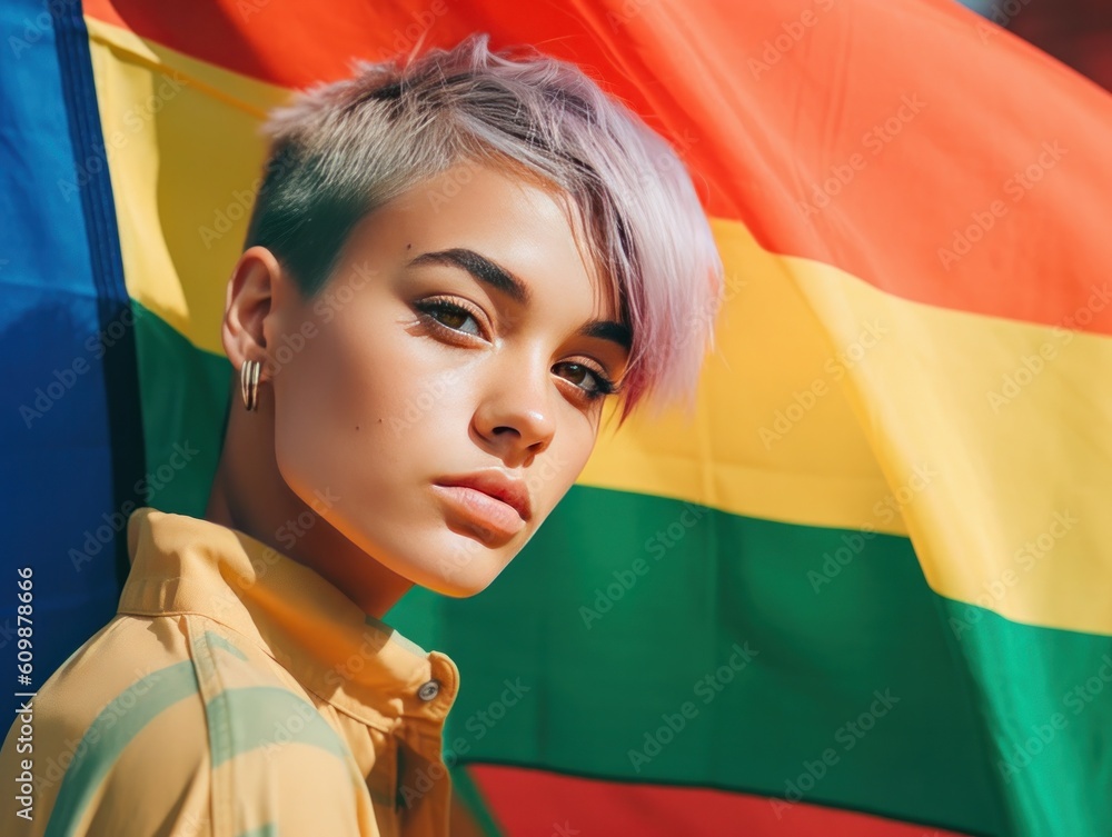 Beautiful lesbian model and a rainbow flag at gay pride, LGBTQ colors ...