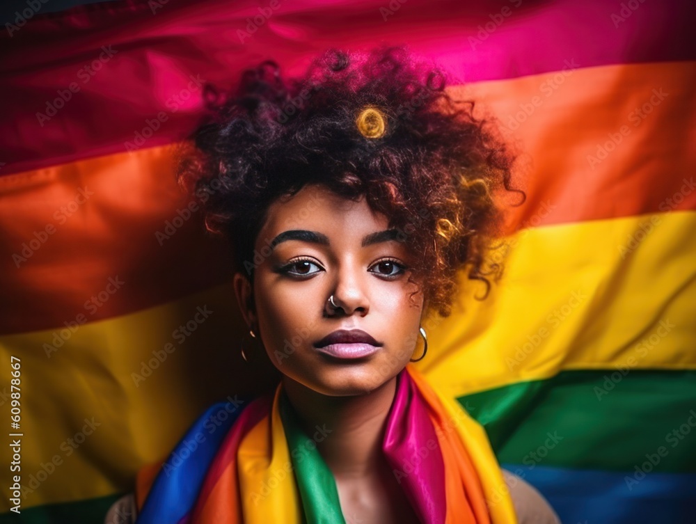 ภาพประกอบสต็อก Beautiful lesbian model black people and a rainbow flag ...