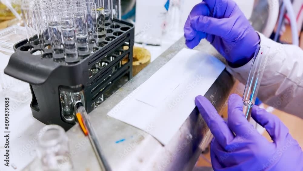 A woman scientist checking thin layer chromatography on a silica plate ...