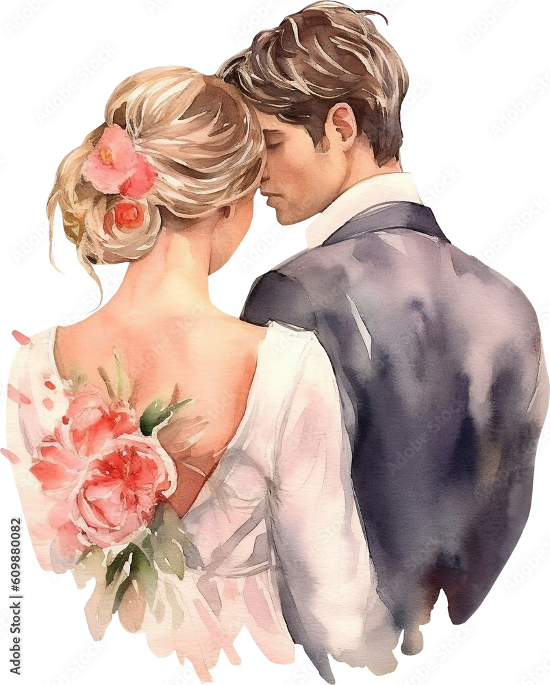 Bride and Groom Watercolor Beautiful Wedding Couple, Back View, Wedding ...