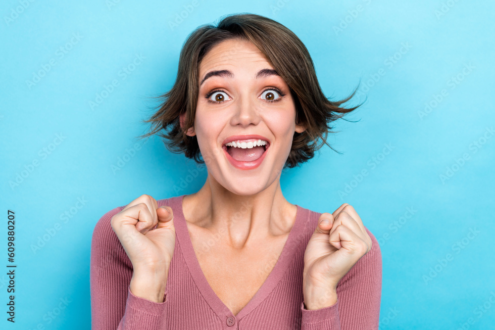 Closeup photo of excited lady hear good news raise fists scream hooray ...