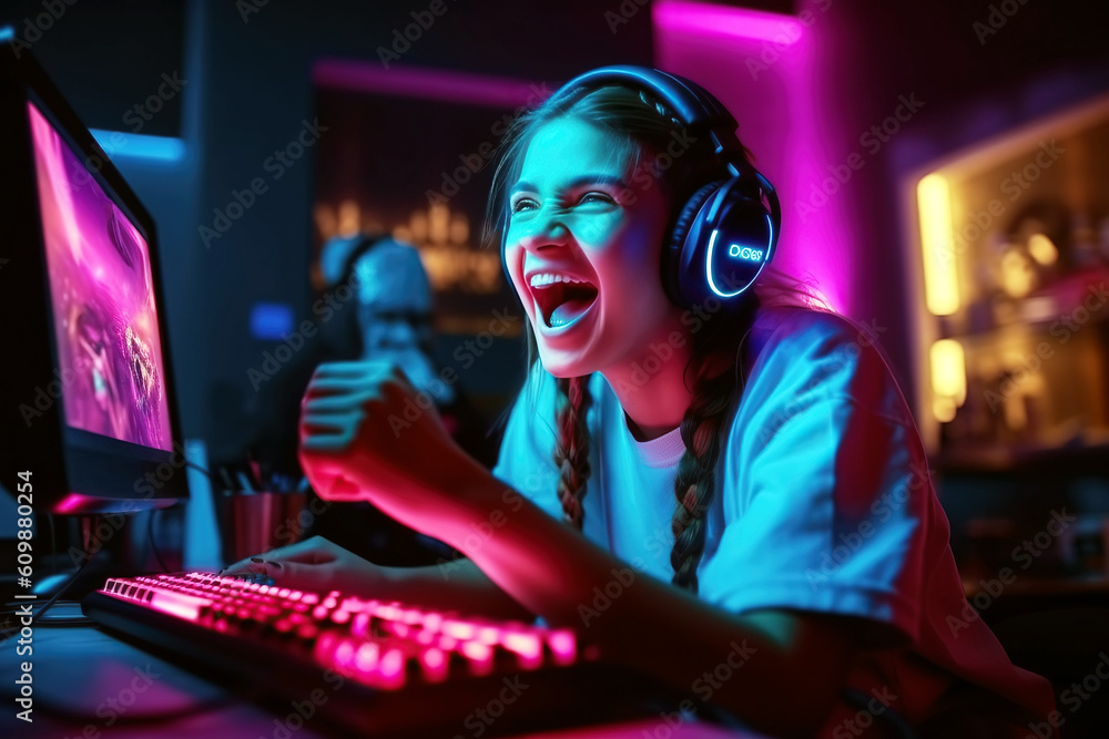 happy girl an esports gamer player behind the monitor is happy to win ...