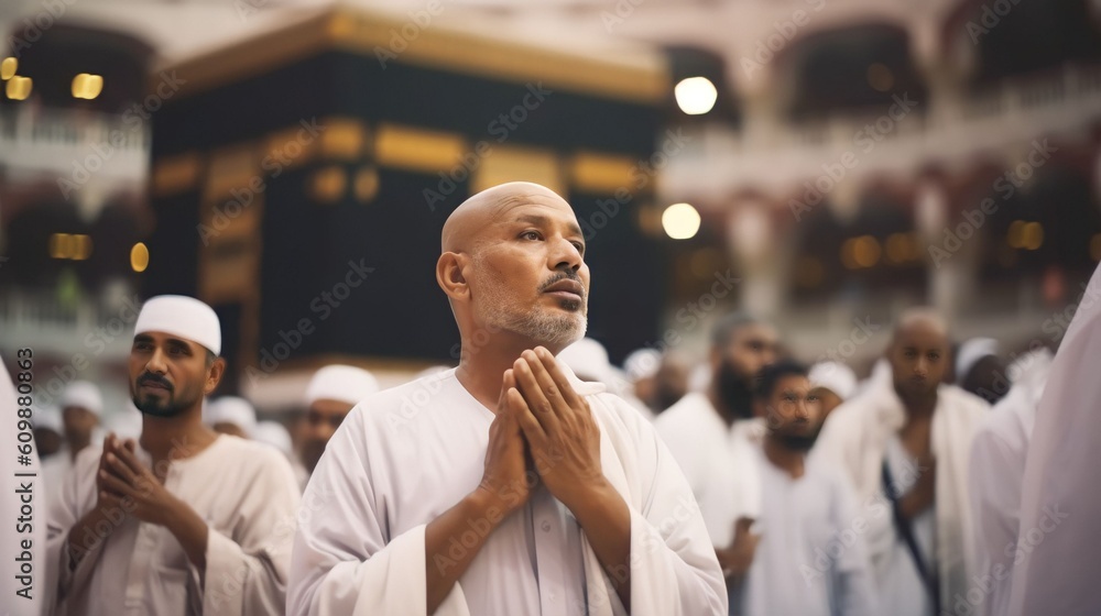 Muslim man praying with view of Kaaba in Mecca and crowd of Muslims ...