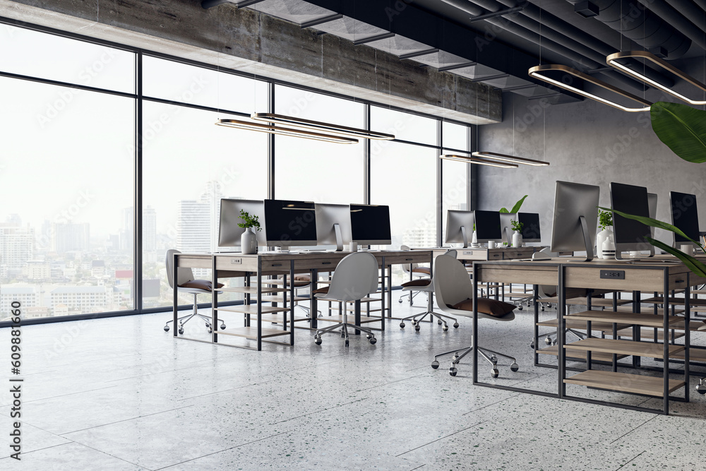 Perspective view of an open loft office interior with desks, computers ...