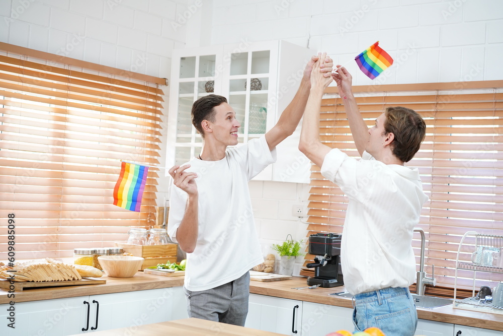 gay couple holding LGBTQ flag and danceing together. Attractive ...