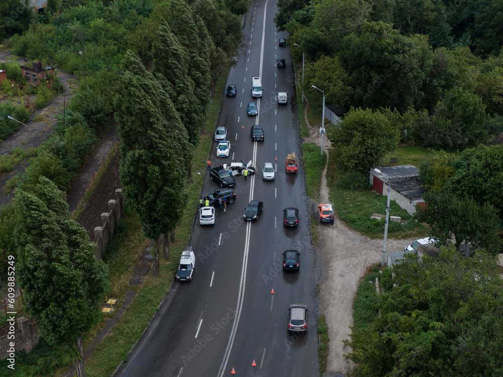Head-on collision accident. Top view of the road. Severe accident ...