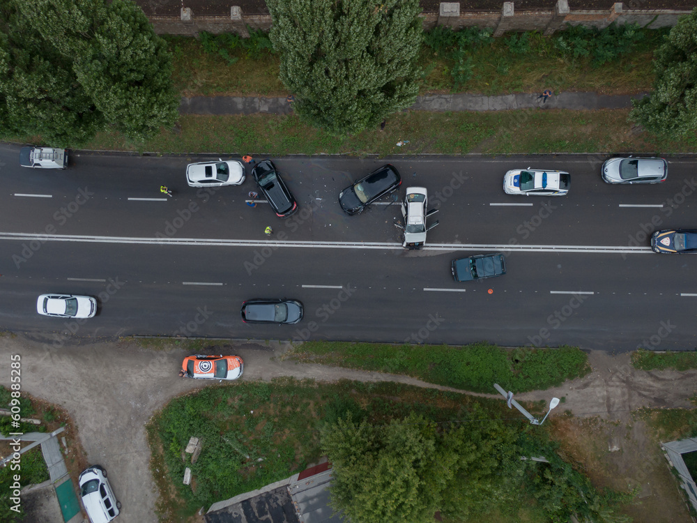 Head-on collision accident. Top view of the road. Severe accident ...